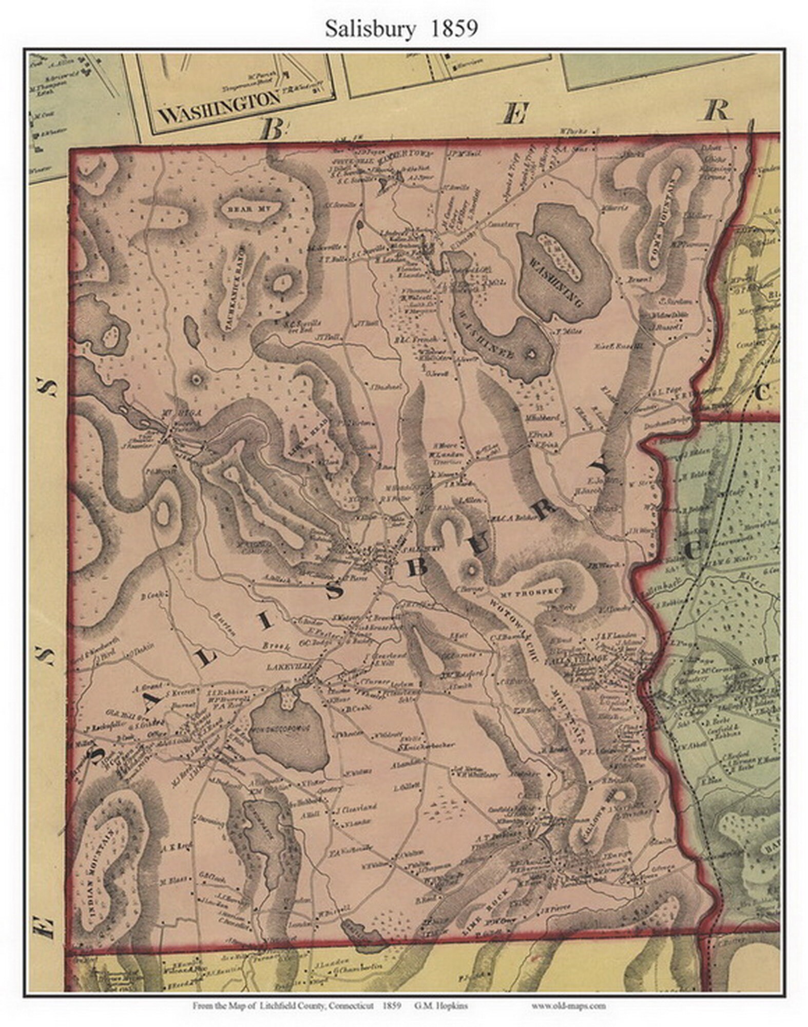 Salisbury 1859 Old Town Map With Homeowner Names Connecticut - Reprint ...