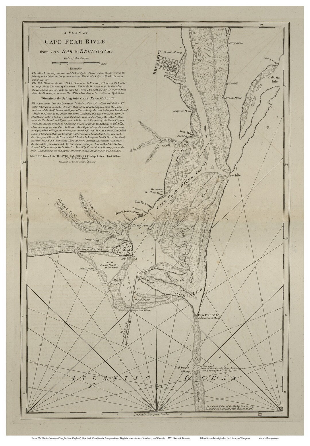 Cape Fear River Area 1777 Map - North Carolina - Colonial - Reprint USA ...