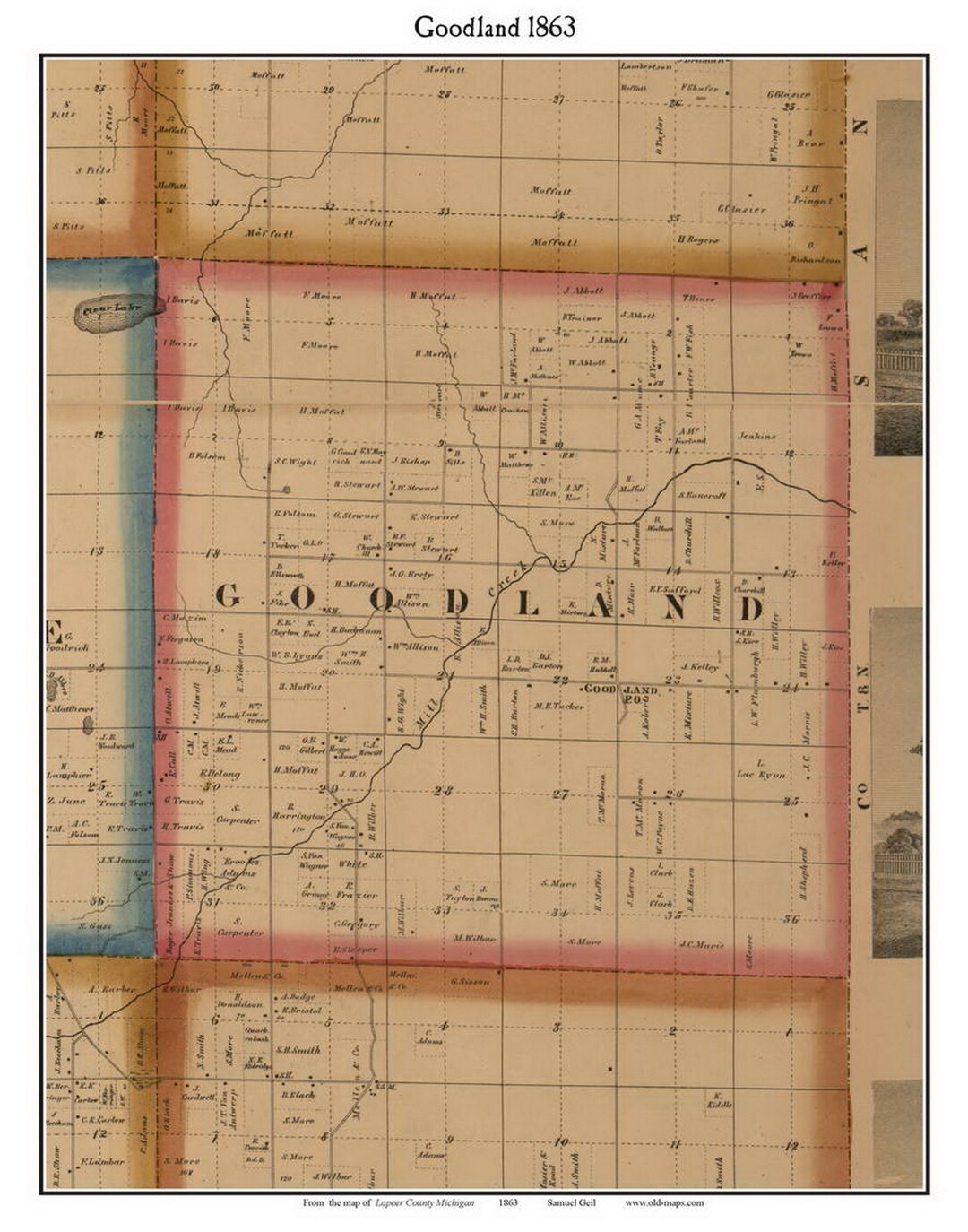 Goodland 1863 Old Town Map With Homeowner Names - Michigan - Reprint ...