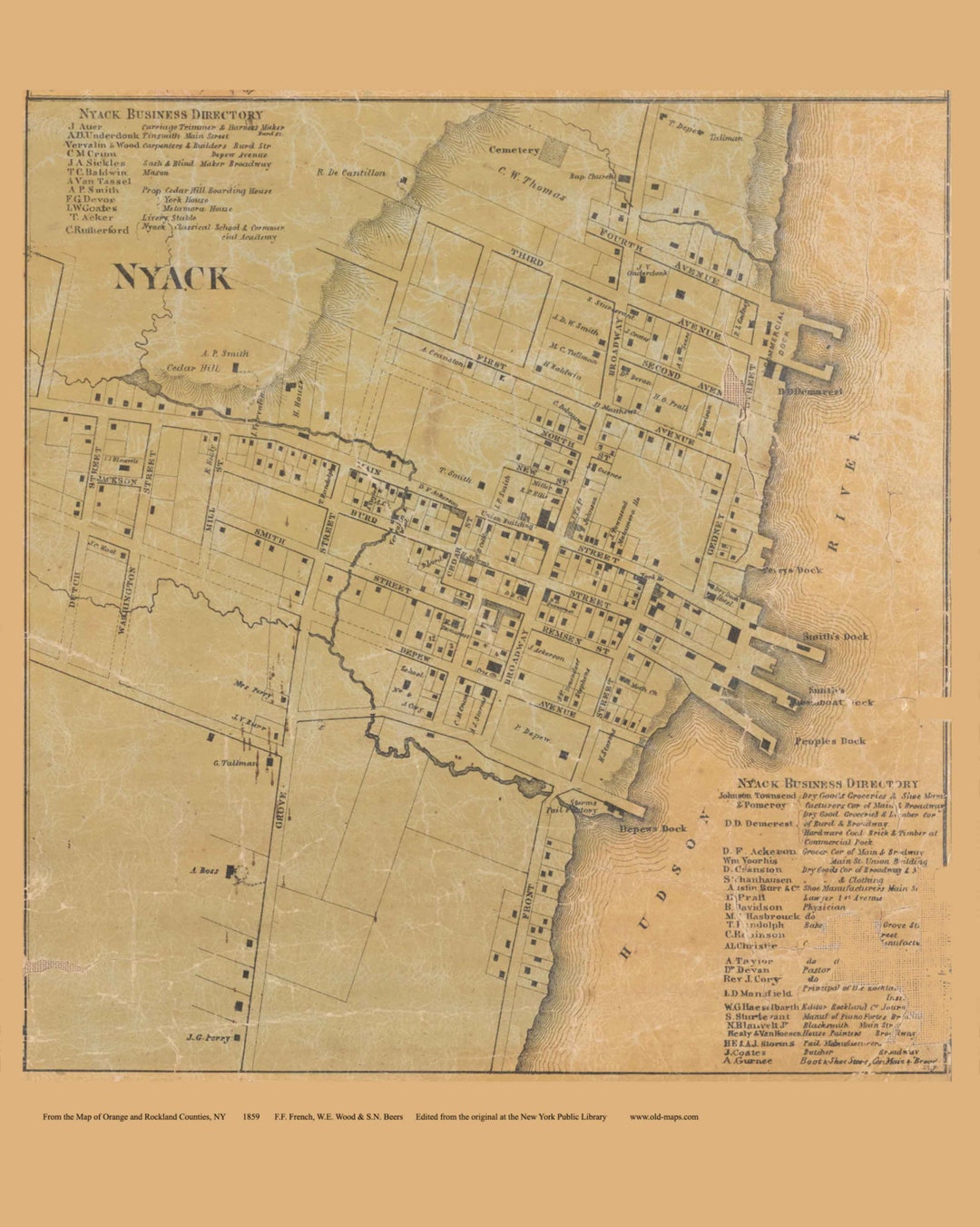 Nyack Village 1859 Old Map Homeowner Names Orangetown - Genealogy ...