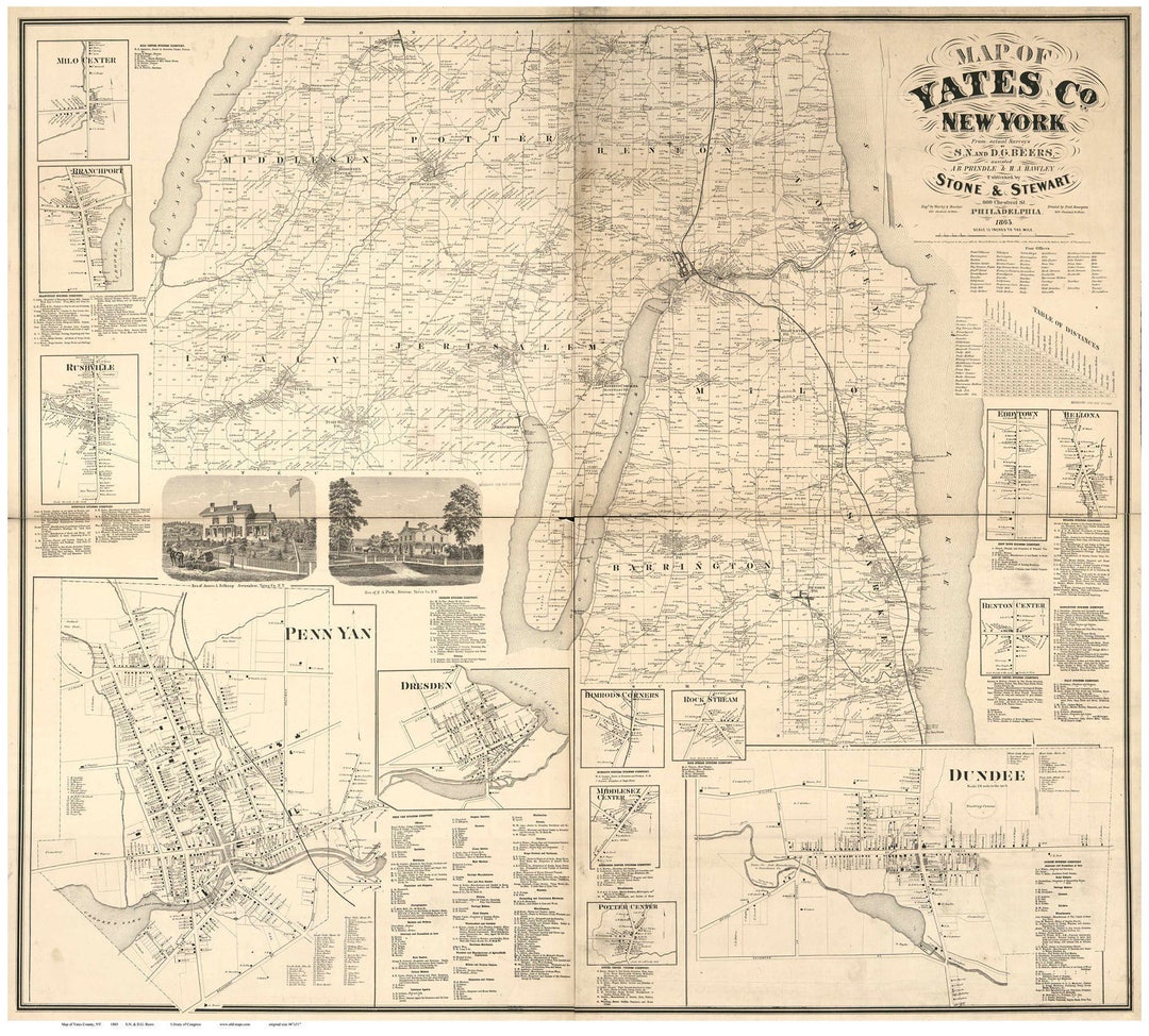 Yates County New York 1865 - Old Wall Map Reprint With Homeowner Names ...