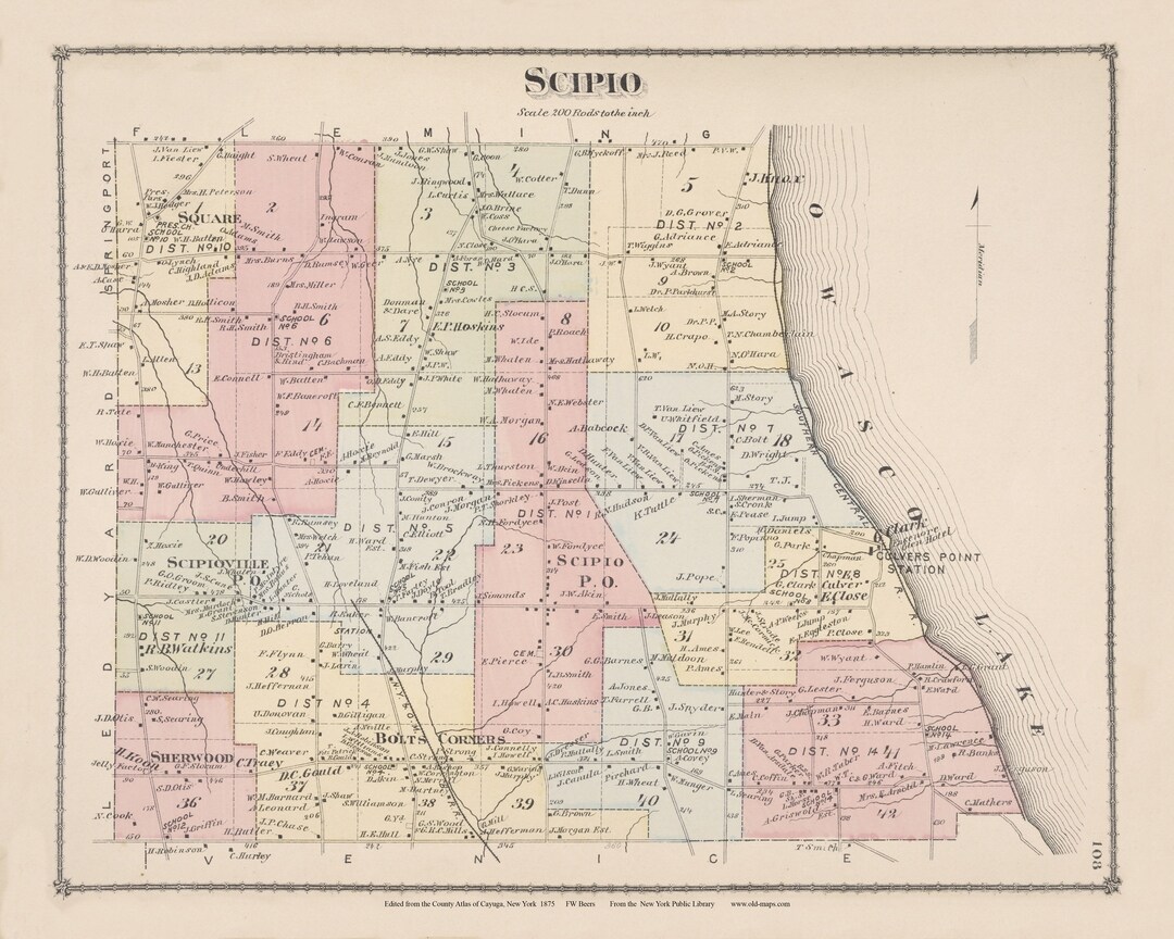 Scipio 1875 Map Culvers Point Station Owasco Lake Ensenore Glen House ...