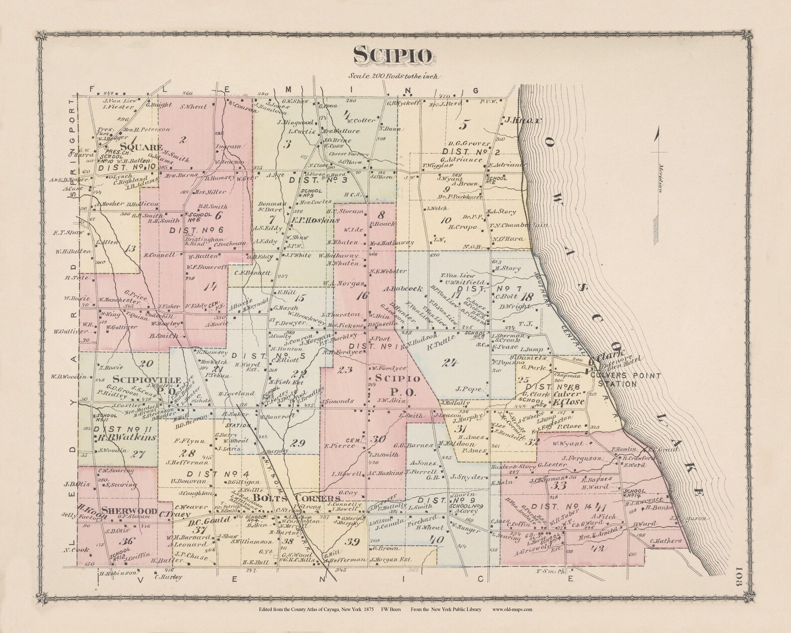 Scipio 1875 Map Culvers Point Station Owasco Lake Ensenore Glen House ...