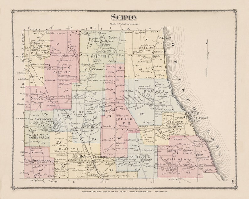 Scipio 1875 Map Culvers Point Station Owasco Lake Ensenore Glen House ...