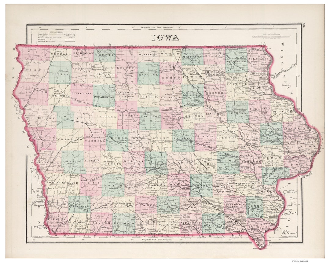 Iowa 1878 Old Map - O.W. Gray State Map USA Atlas - Etsy