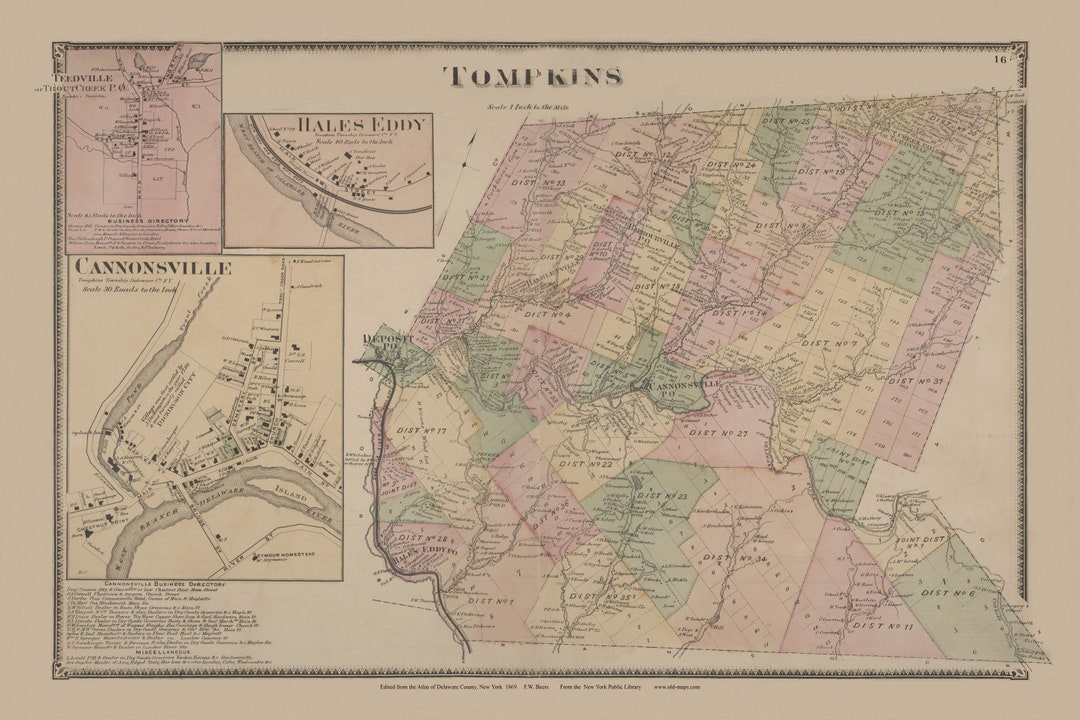 Tompkins - 1869 - New York - Delaware Co Atlas Old Town Map Reprint NY ...