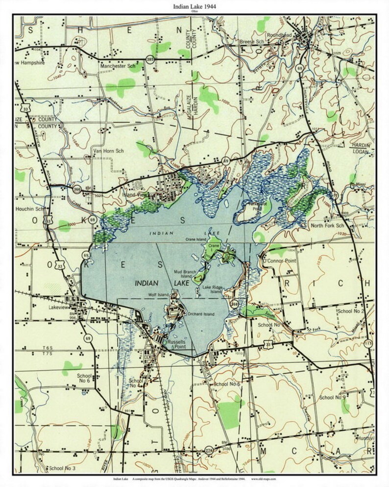 Indian Lake 1944 Old Topographic Map USGS - Orchard Island - Lakeview ...
