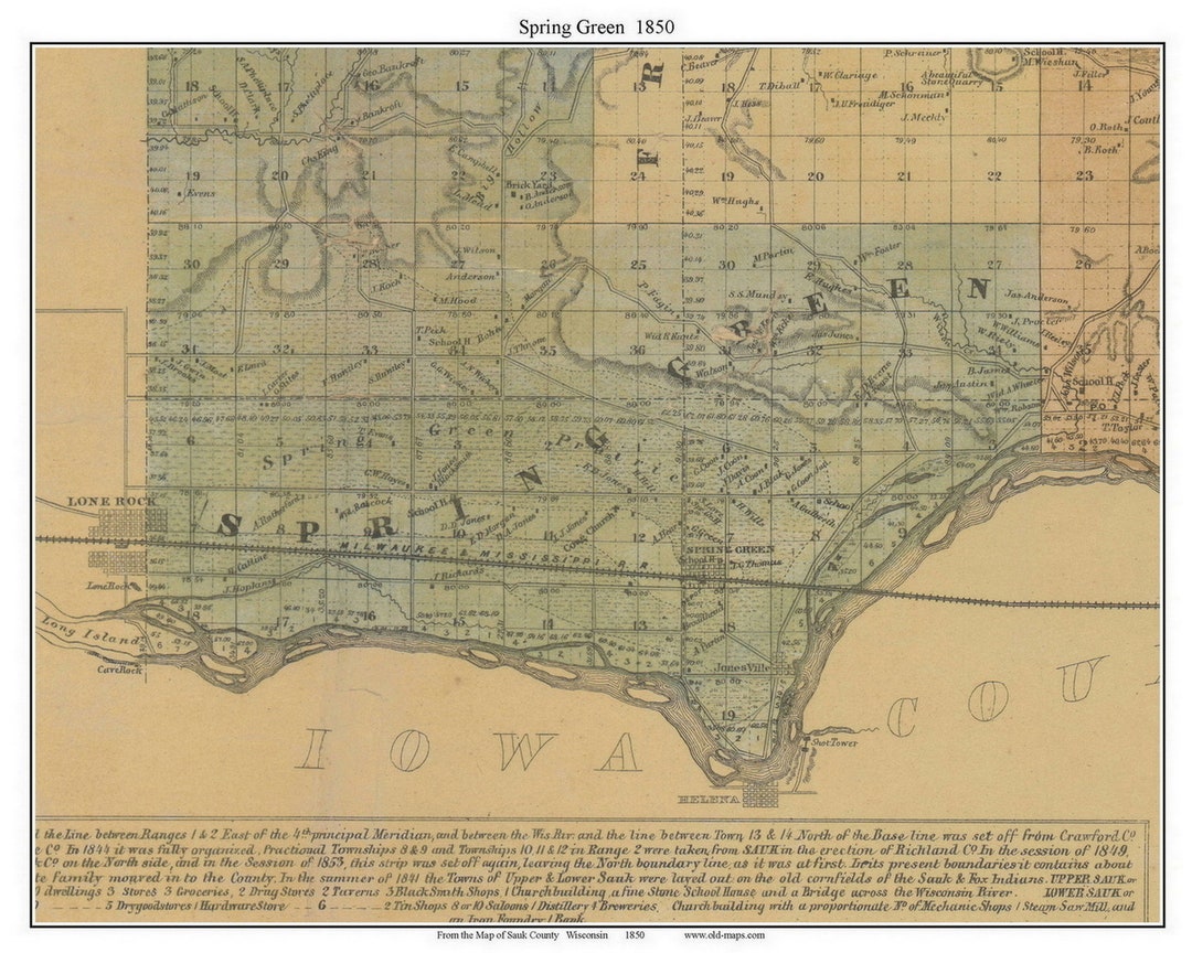 Spring Green 1850 - Old Town Map With Homeowner Names - Lone Rock ...