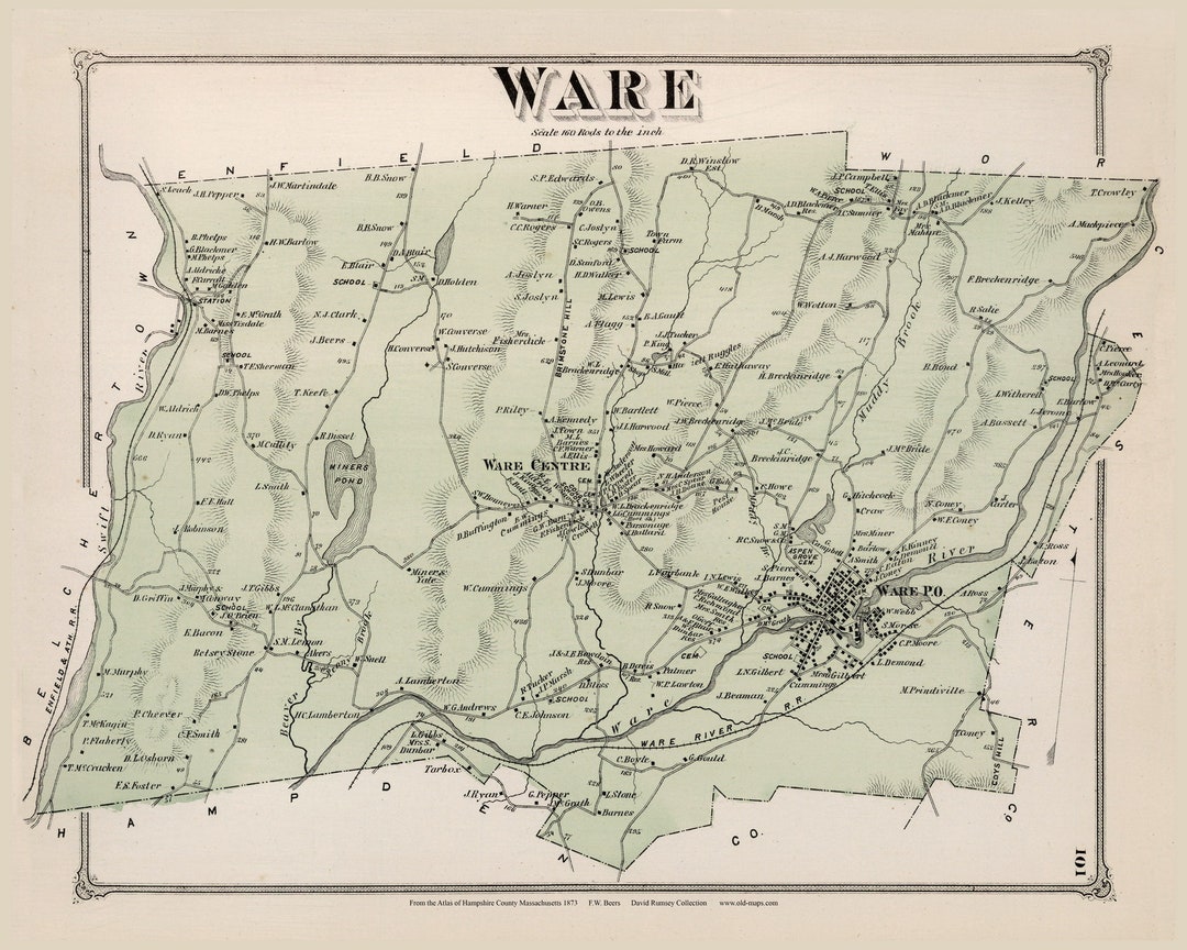 Ware 1873 - Old Town Map Reprint - Hampshire County, Massachusetts ...