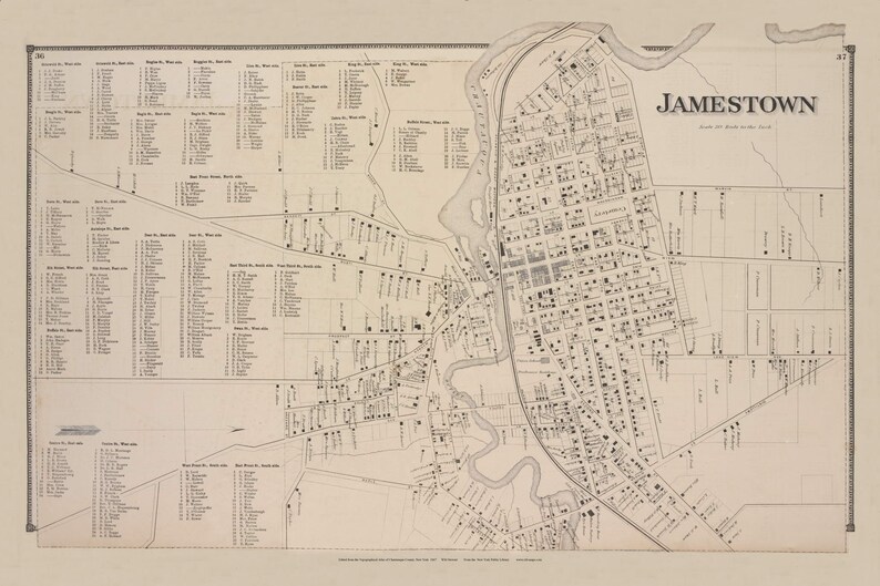 Jamestown Village 1867 Old Map Homeowner Names Reprint Chautauqua Co ...