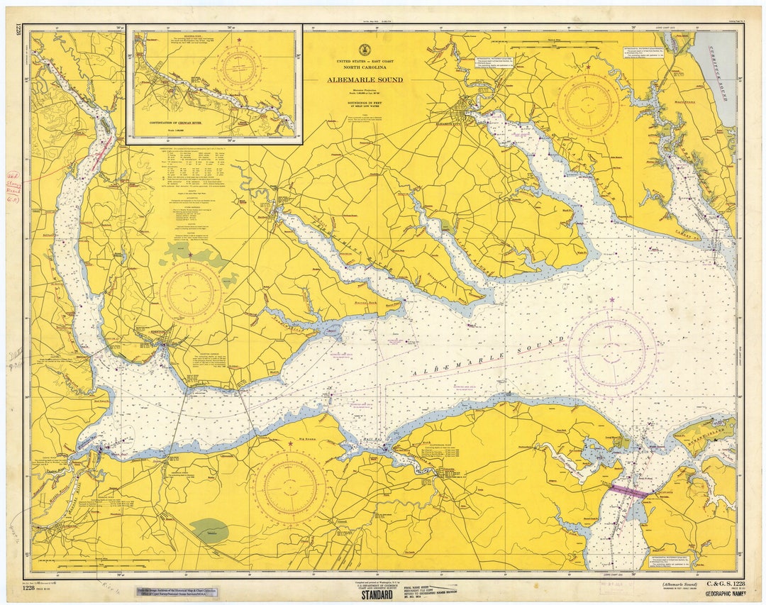 Albemarle Sound - 1961 Nautical Map Reprint - Elizabeth City Columbia ...