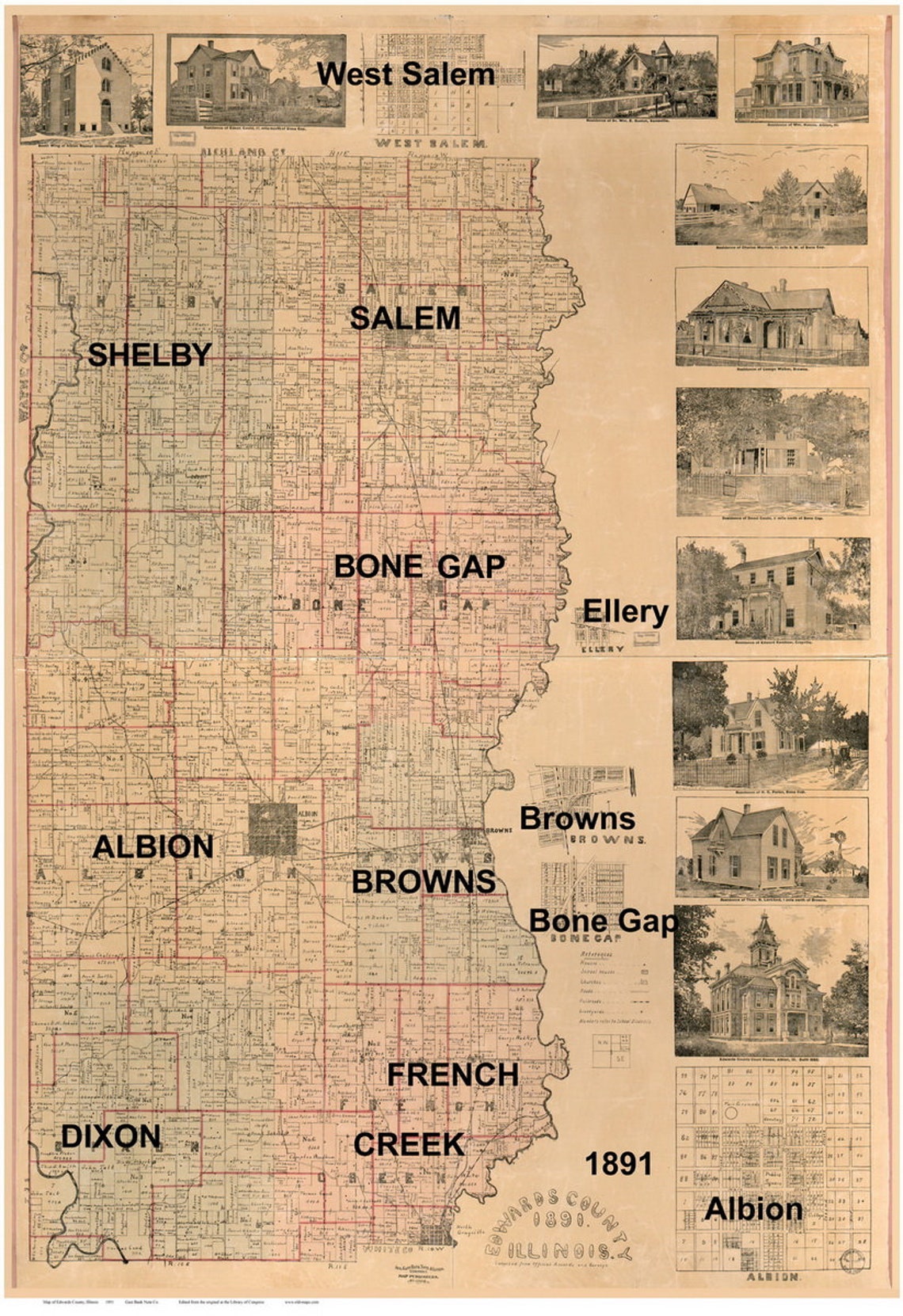 Edwards County Illinois 1891 Old Wall Map Reprint With - Etsy