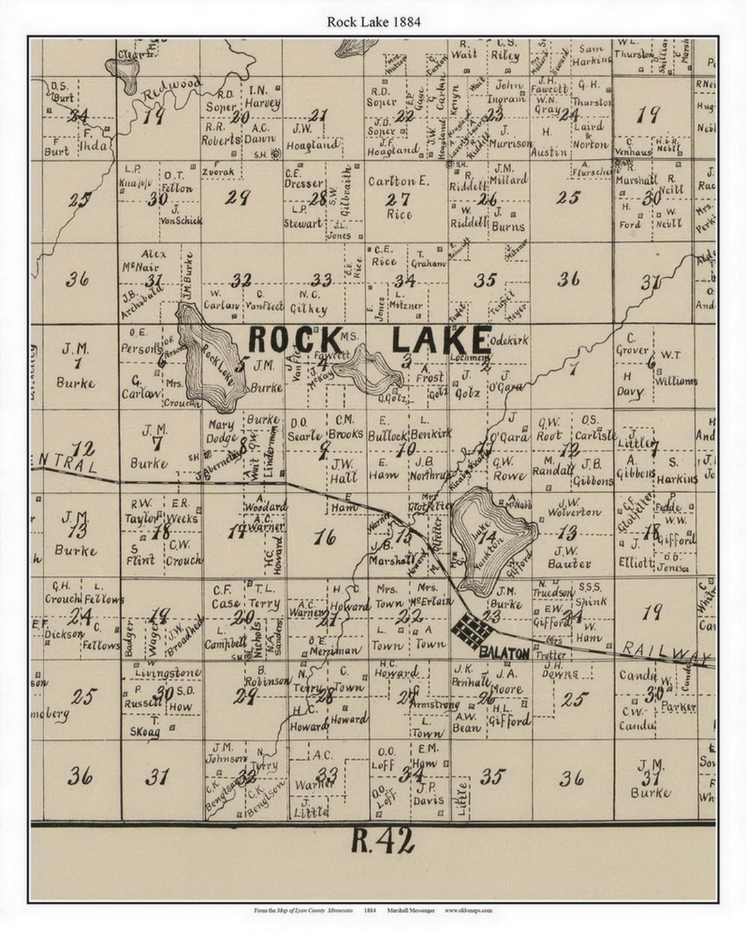 Rock Lake 1884 - Balaton - Old Town Map With Homeowner Names Minnesota ...