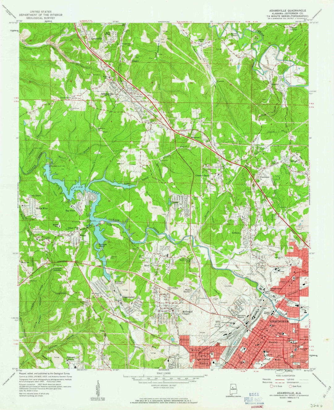 Adamsville 1959 1963 Old Topo Map Birmingham Bayview Lake - Etsy