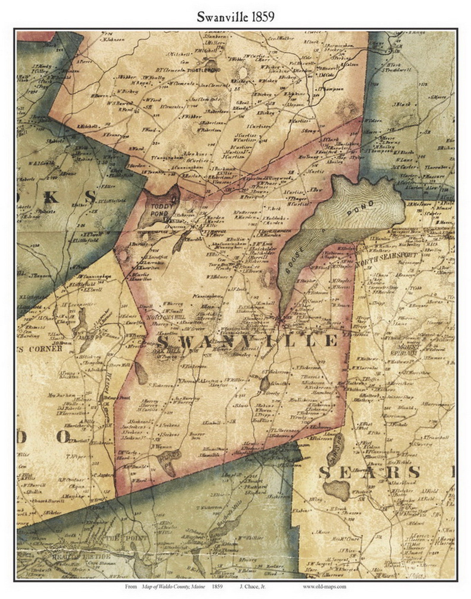 Swanville 1859 Old Town Map With Homeowner Names Maine Goose Pond Toddy ...