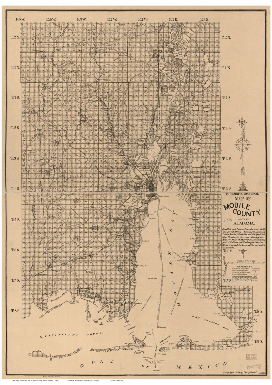 Mobile County Alabama 1895 Old Wall Map With Landowner Names - Etsy