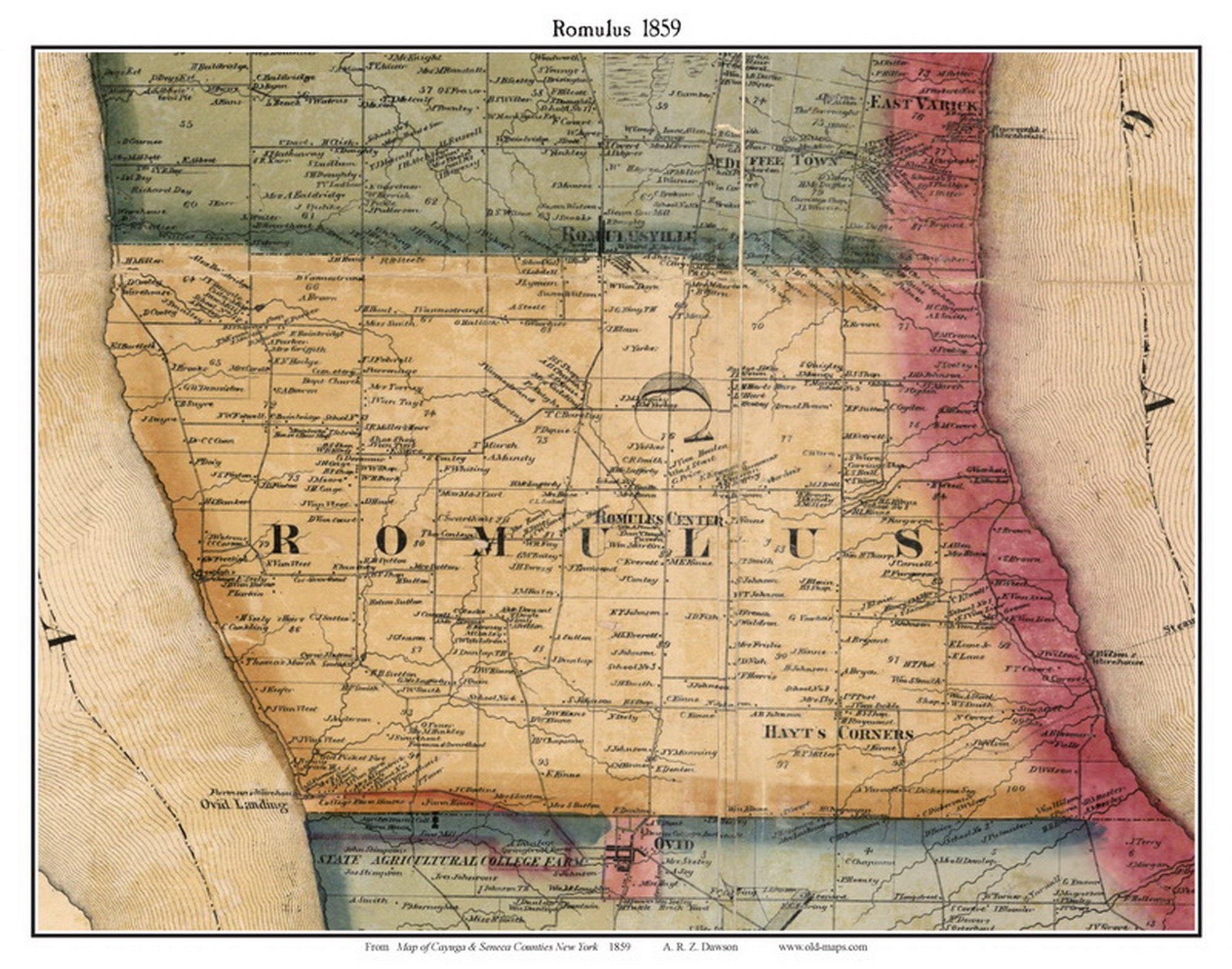 Romulus 1859 Old Town Map With Homeowner Names New York Cayuga Lake ...
