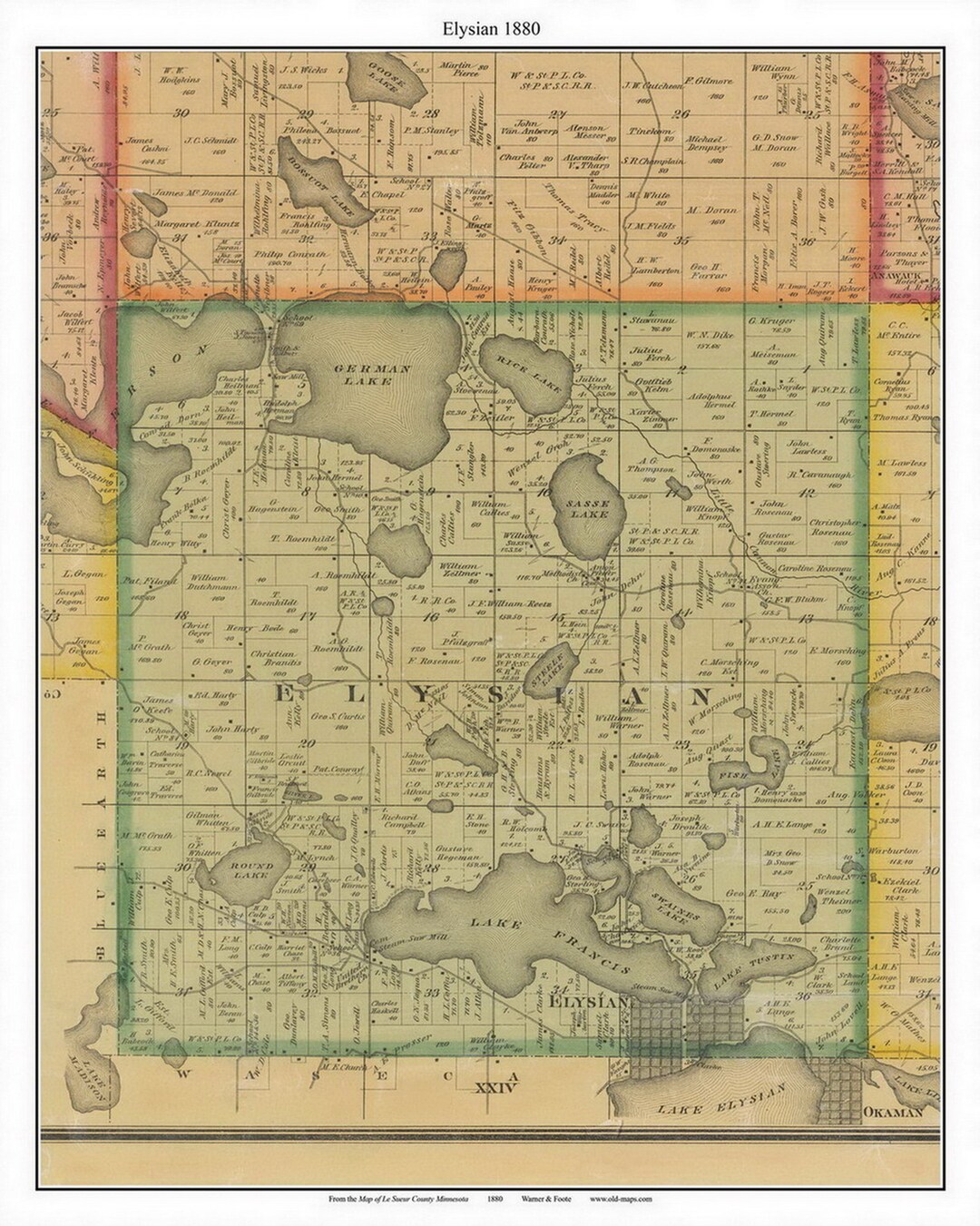 Elysian 1880 - Old Town Map With Homeowner Names Minnesota - Reprint ...