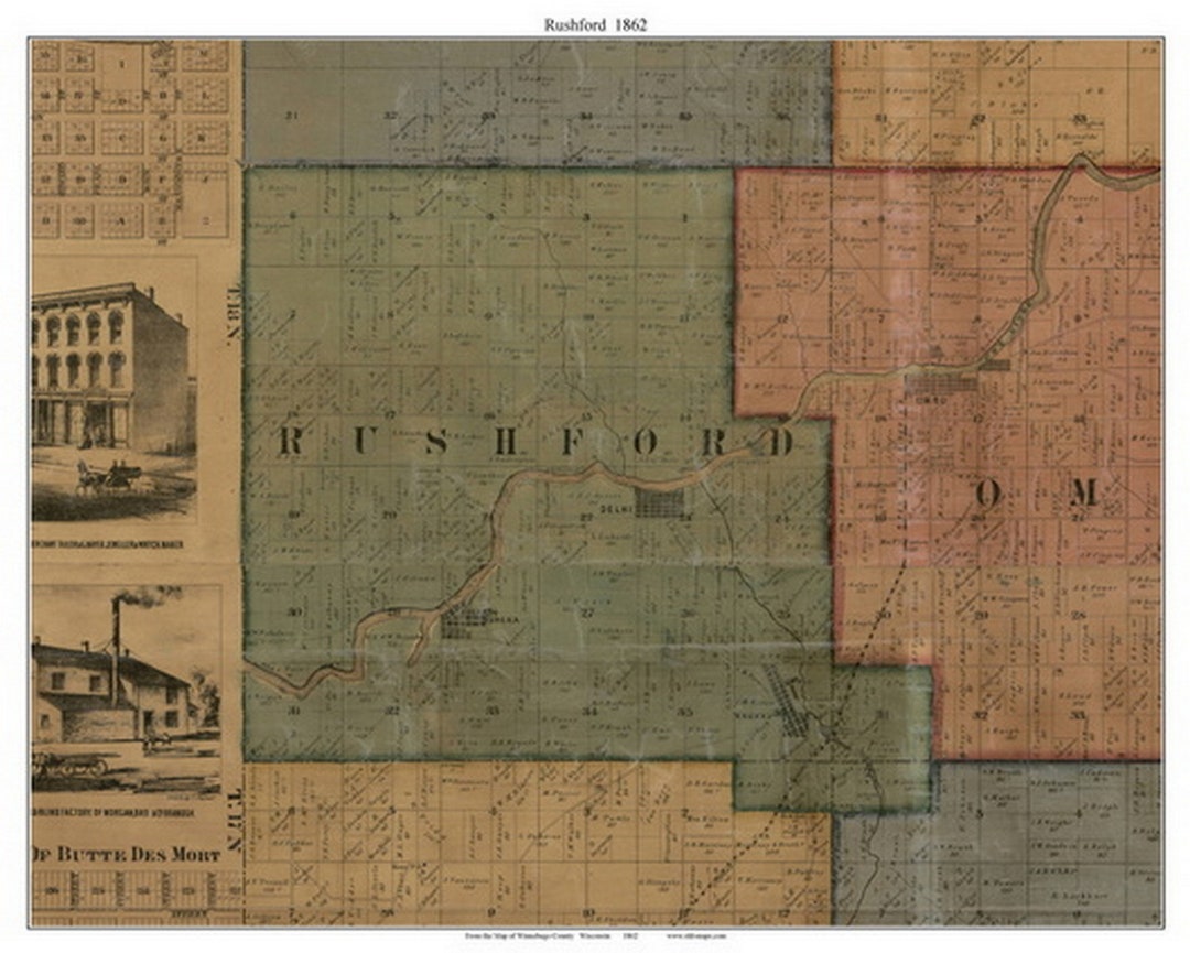 Rushford 1862 - Old Town Map With Homeowner Names - Delhi Ureka Waukau ...