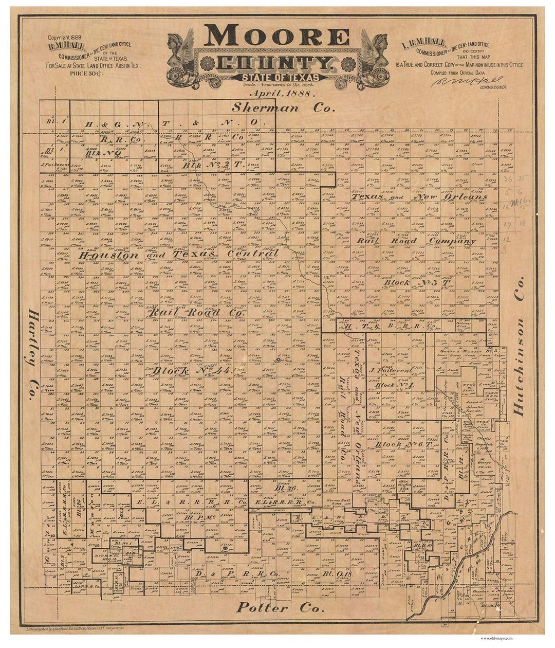Moore County Texas 1888 Old Wall Map Reprint With Land - Etsy