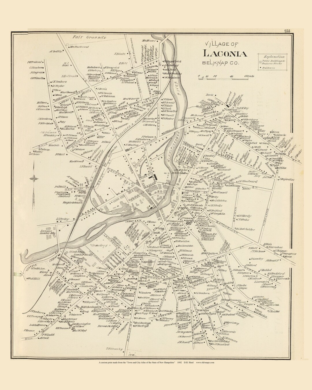 Laconia Village 1892 Old Town Map - Homeowner Names Custom Reprint ...
