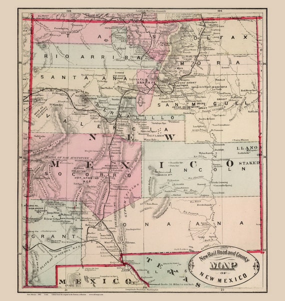 New Mexico 1882 Cram Railroad Old State Map Reprint | Etsy