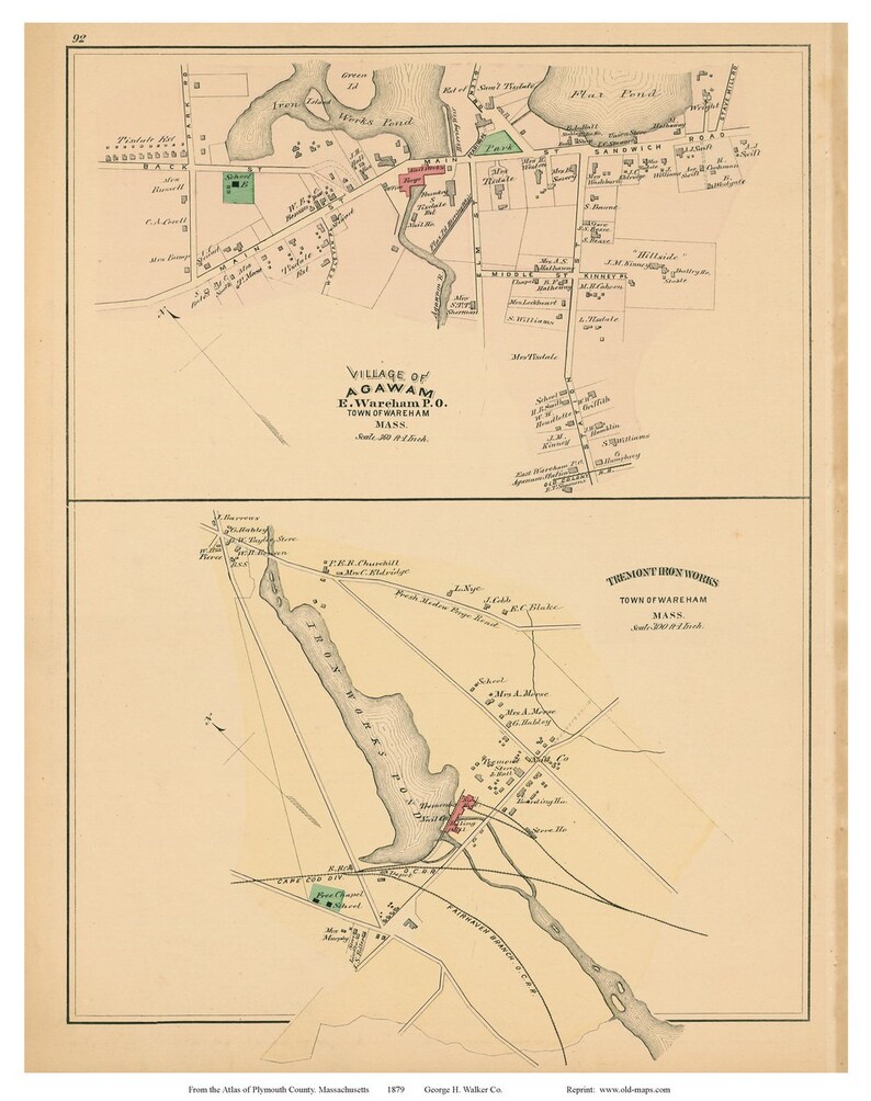 Wareham & Agawam Village 1879 Old Town Map Reprint | Etsy