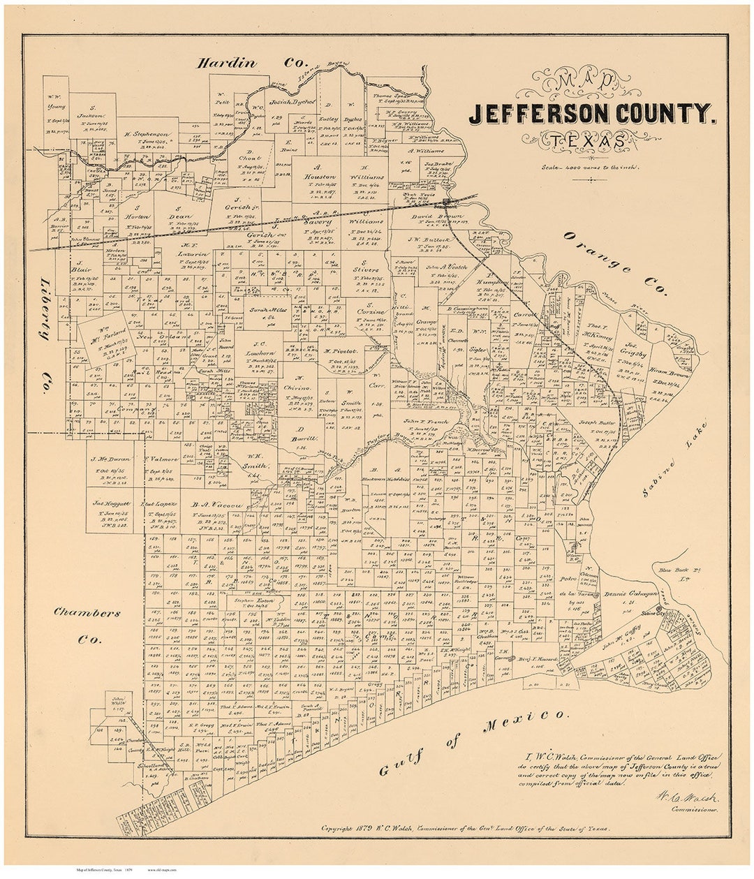 Jefferson County, Texas 1879 Old Wall Map Reprint With Land Owners ...