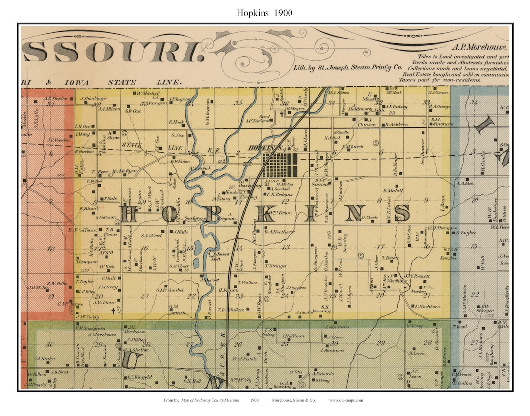 Hopkins 1900 Old Town Map With Homeowner Names - Missouri - Reprint ...