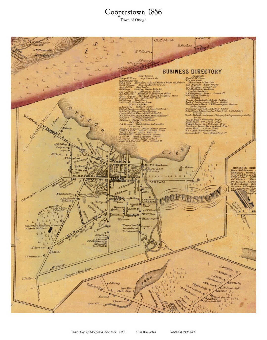 Cooperstown 1856 Old Town Map With Homeowner Names New York Otsego ...