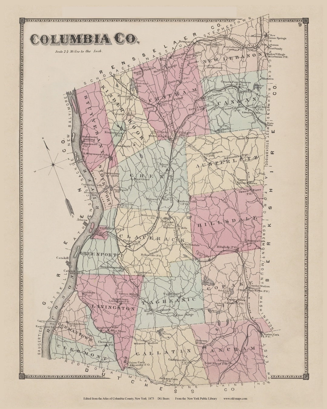 Columbia County 1873 Old Map Reprint Columbia Co Beers Atlas New York ...