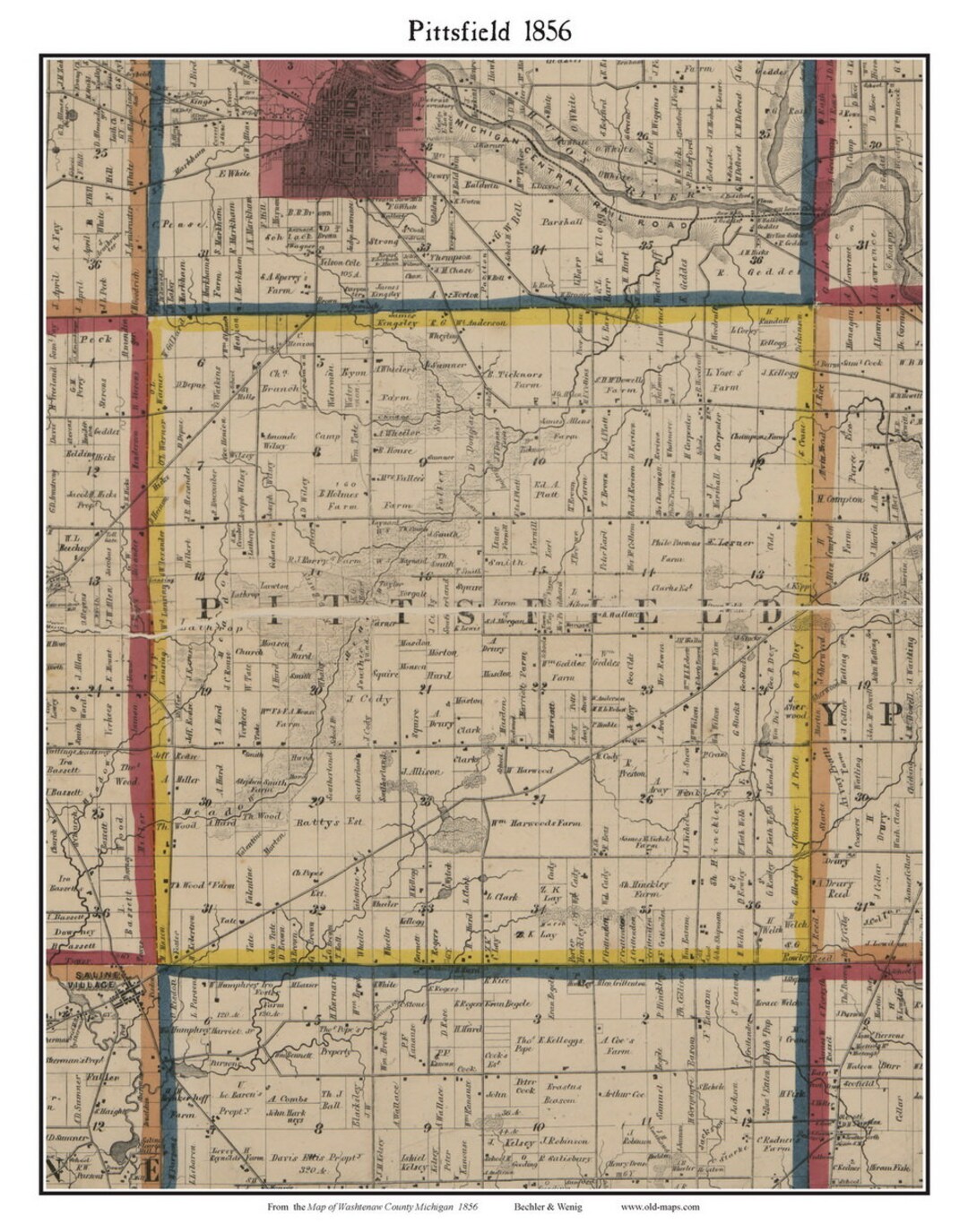 Pittsfield 1856 Old Town Map With Homeowner Names Michigan - Reprint ...