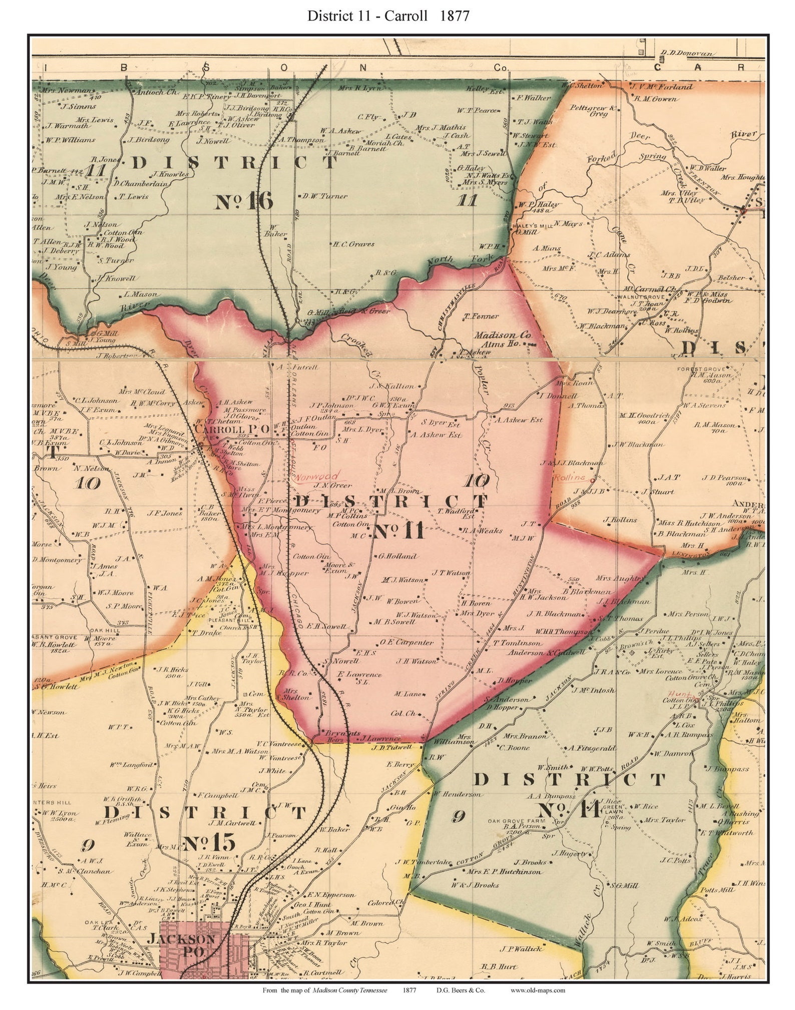 District 11 Carroll 1877 Old Town Map With Homeowner Names Tennessee ...
