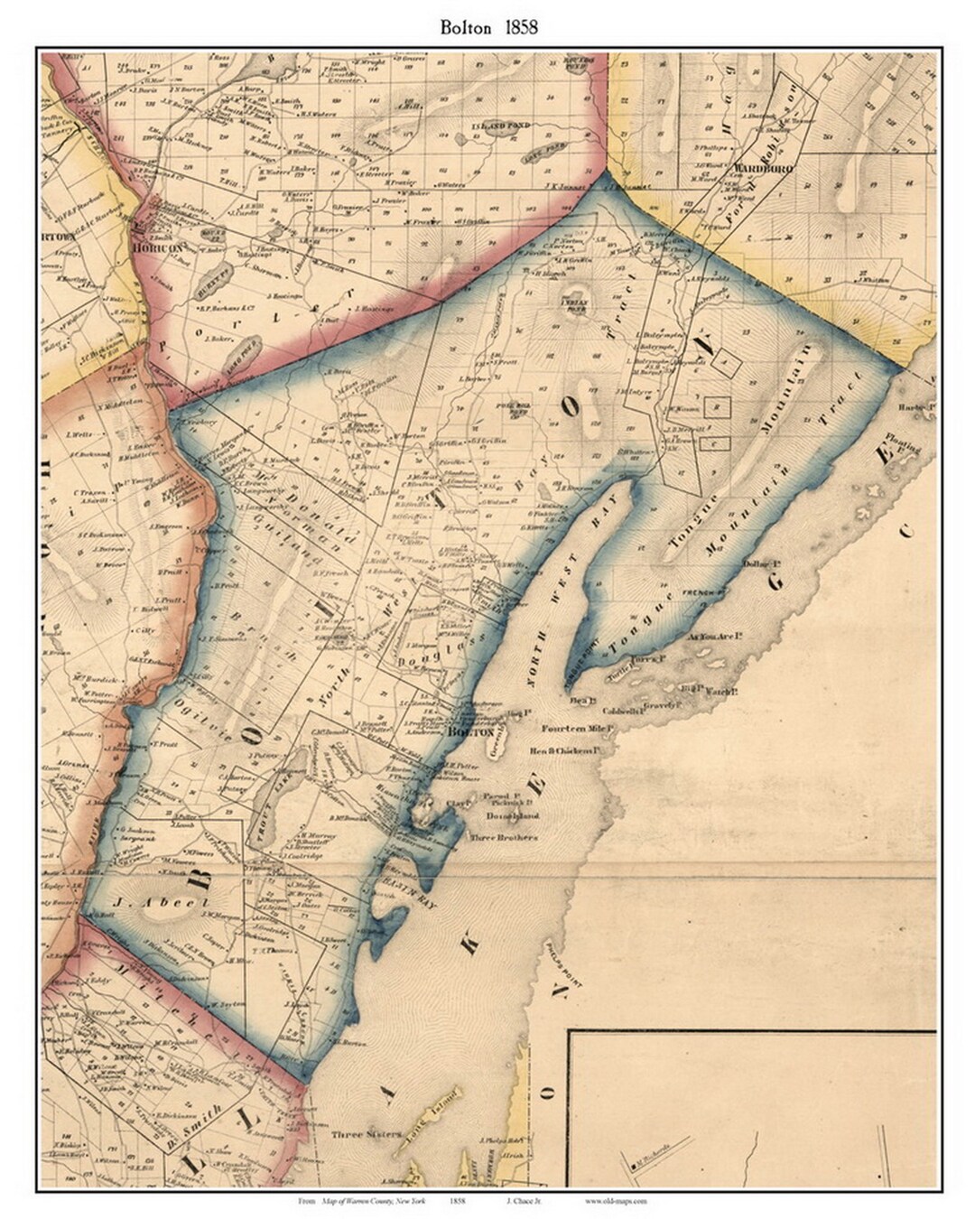 Bolton 1858 Old Town Map With Homeowner Names New York Lake George ...