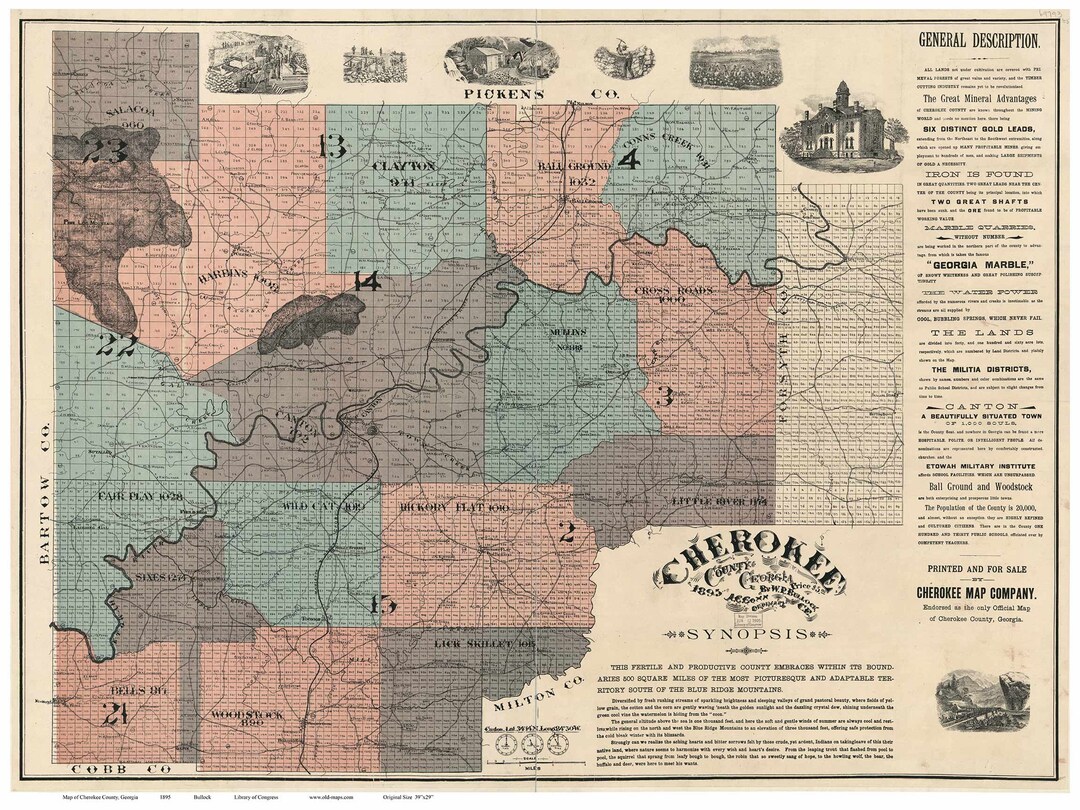 Cherokee County Old 1895 Map Georgia - Wall Map With Homeowner Names ...