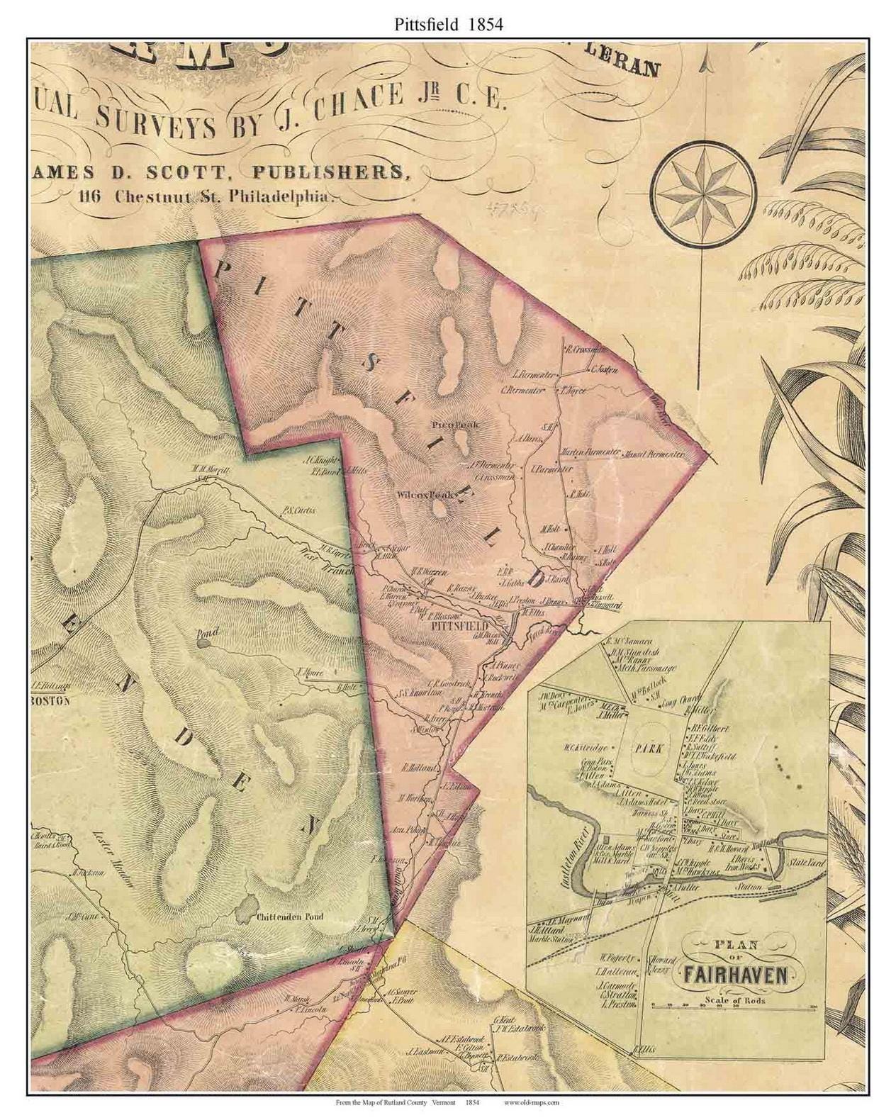 Pittsfield 1854 Old Town Map With Homeowner Names - Vermont - Rutland ...