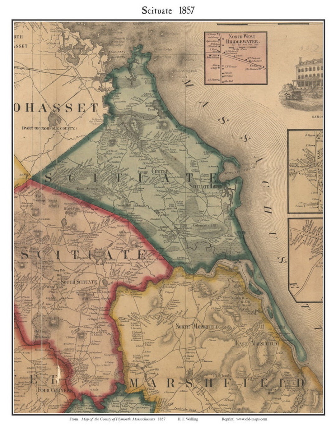 Scituate 1857 Old Town Map With Homeowner Names Massachusetts Glades ...