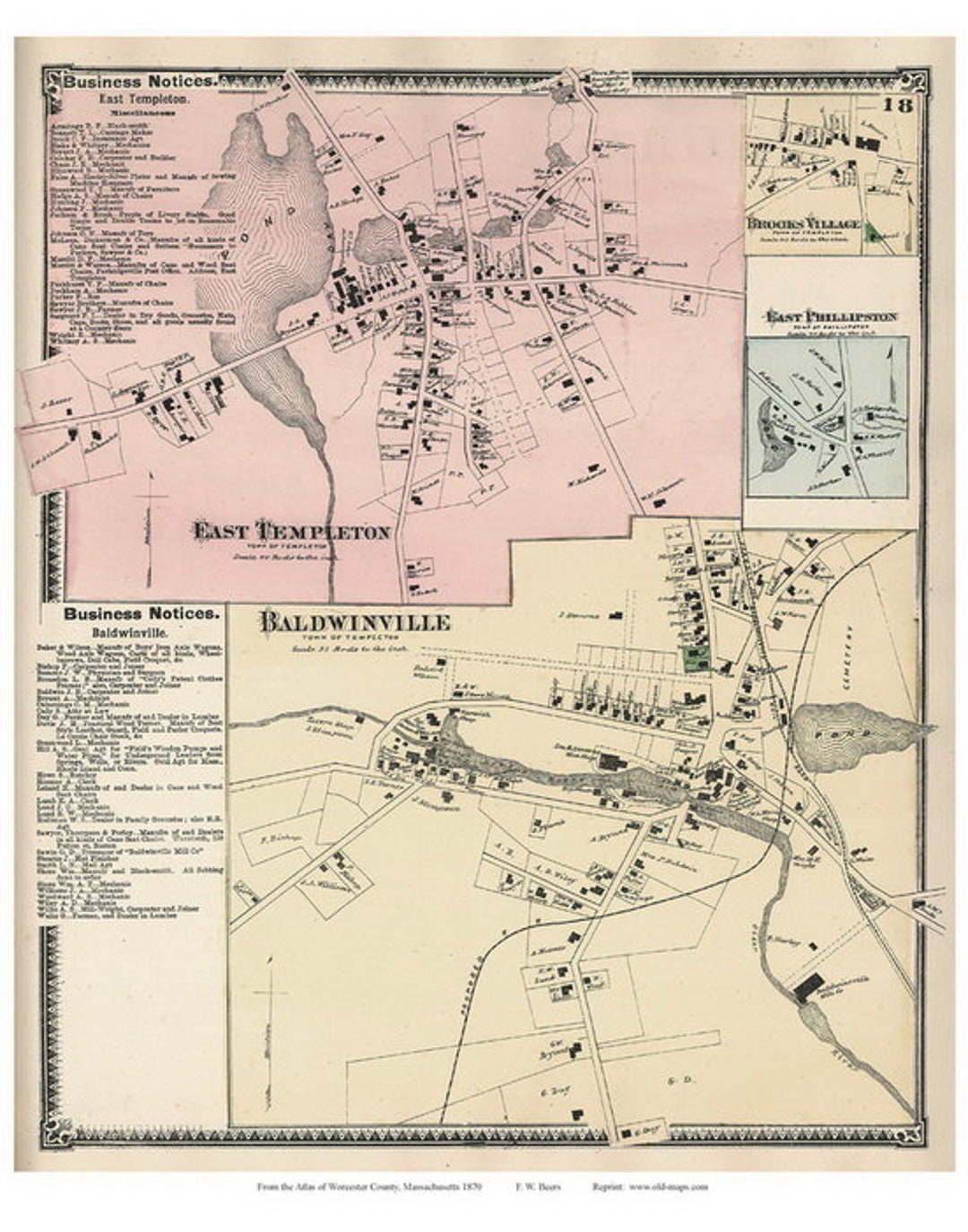 Templeton East Baldwinville 1870 Old Town Map With Homeowner Names ...