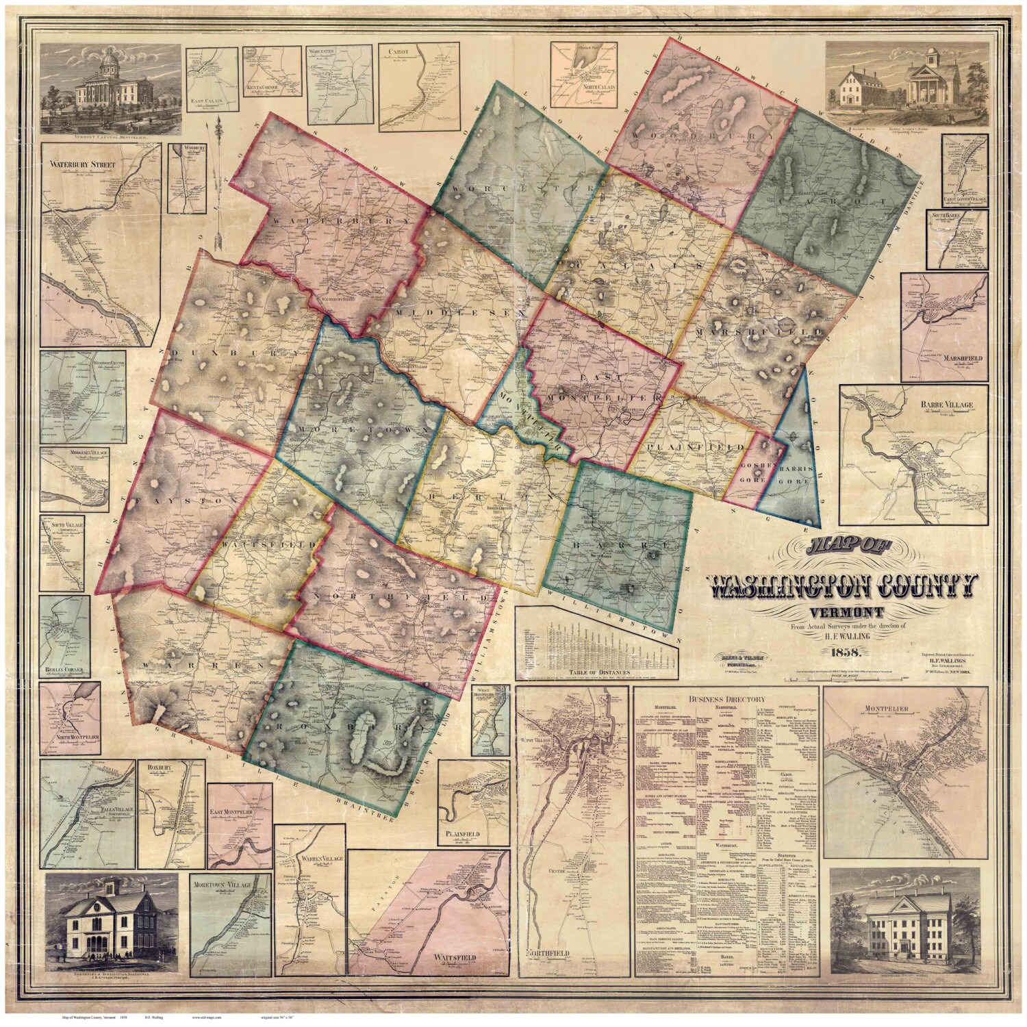 Washington County Vermont 1858 Old Wall Map Reprint with | Etsy