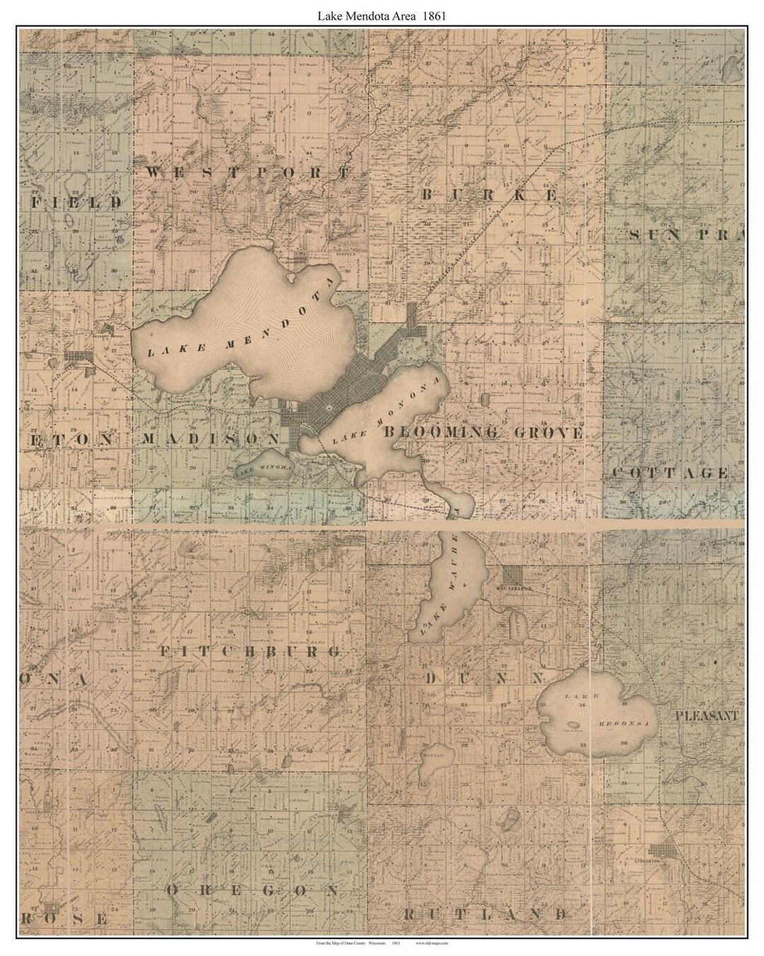Lake Mendota Area 1861 - Old Town Map With Homeowner Names - Wisconsin ...