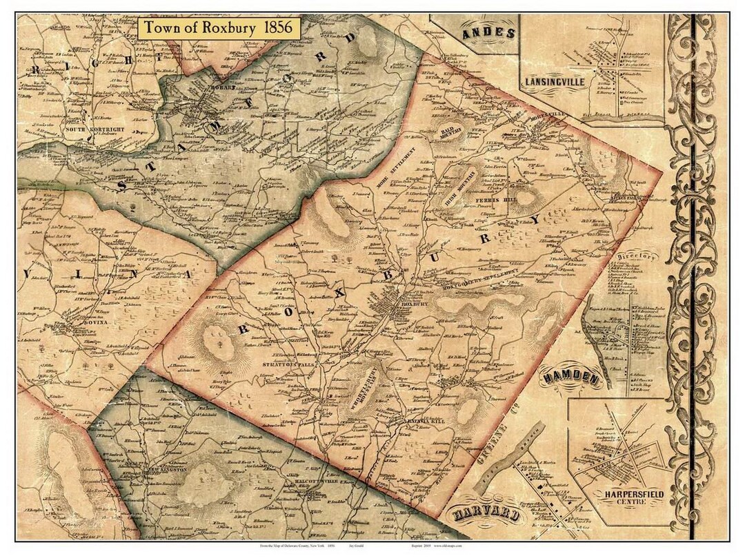 Roxbury 1856 Old Town Map With Homeowner Names New York - Reprint ...