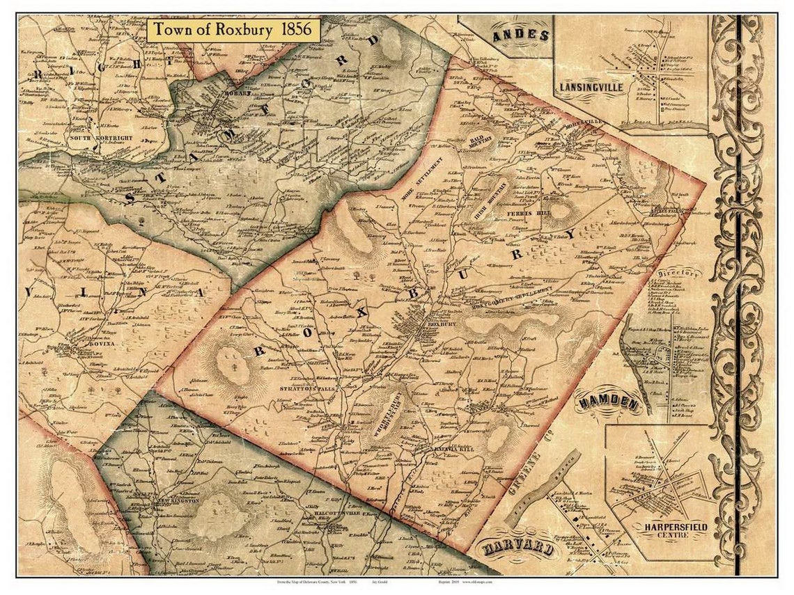 Roxbury 1856 Old Town Map With Homeowner Names New York - Etsy