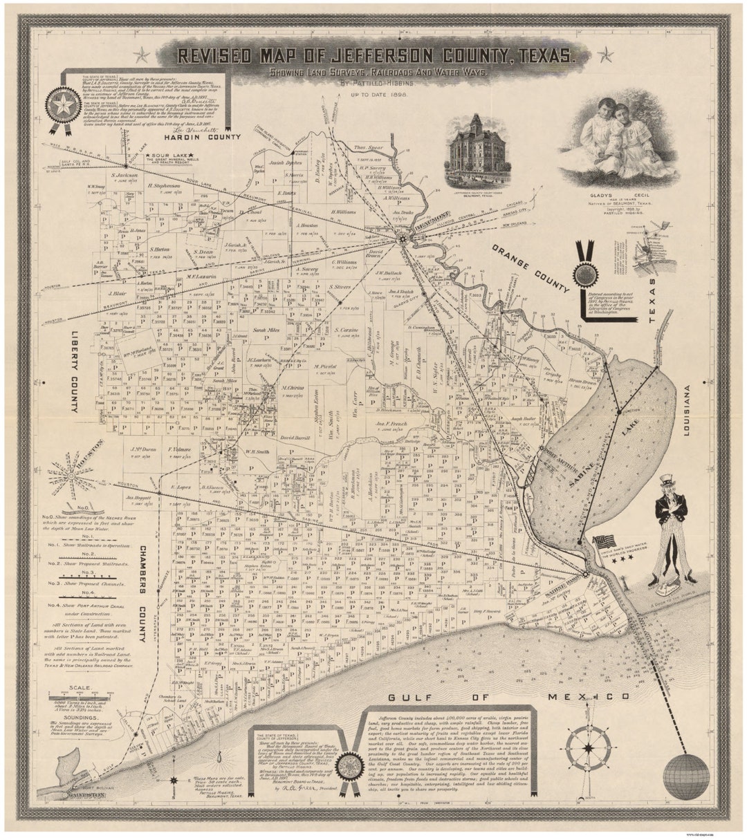 Jefferson County, Texas 1898 Old Wall Map Reprint With Land Owners ...