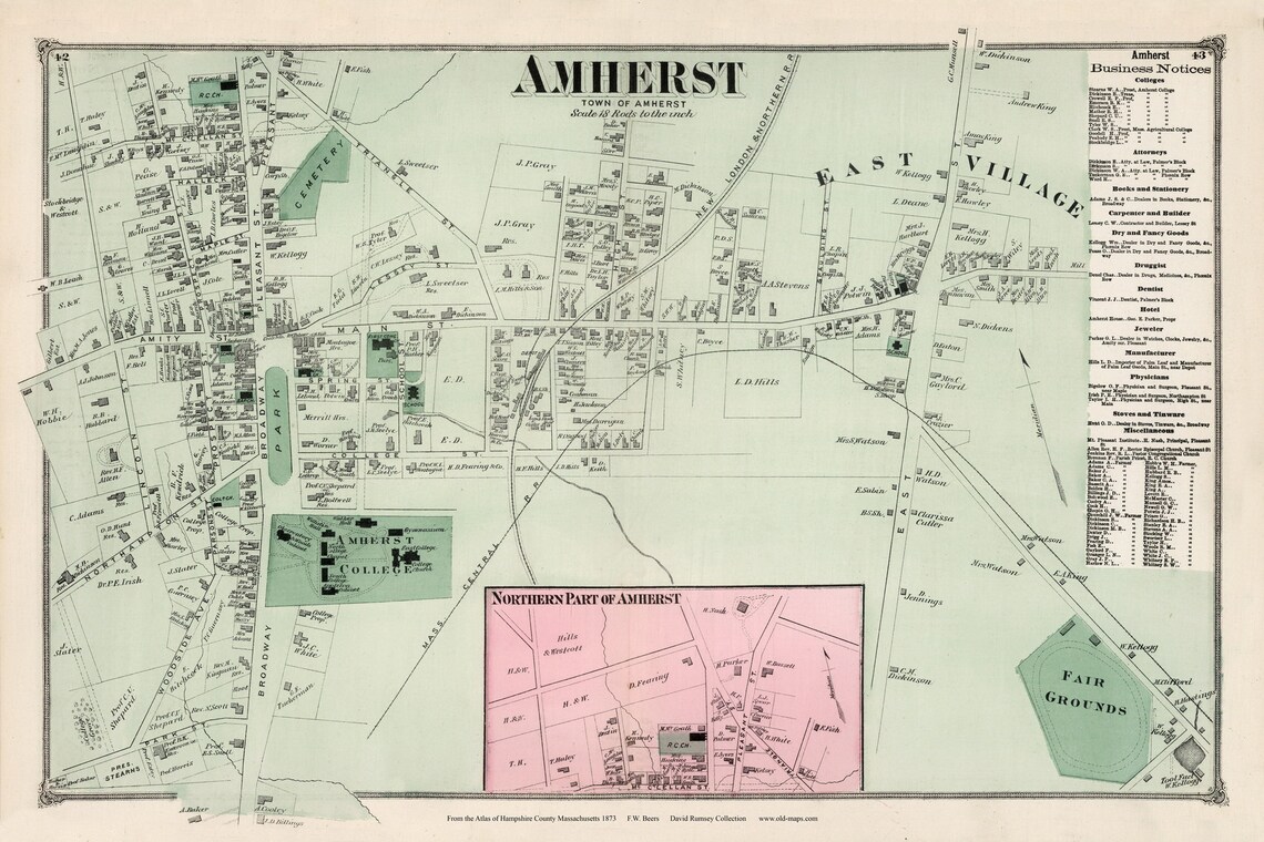 Amherst Center 1873 Old Town Map Reprint East Village, Amherst College ...