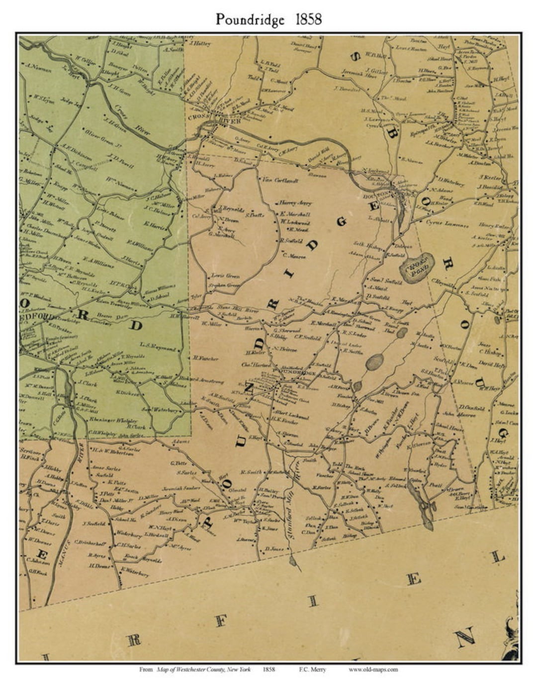Poundridge 1858 Old Town Map With Homeowner Names New York Pound Ridge ...