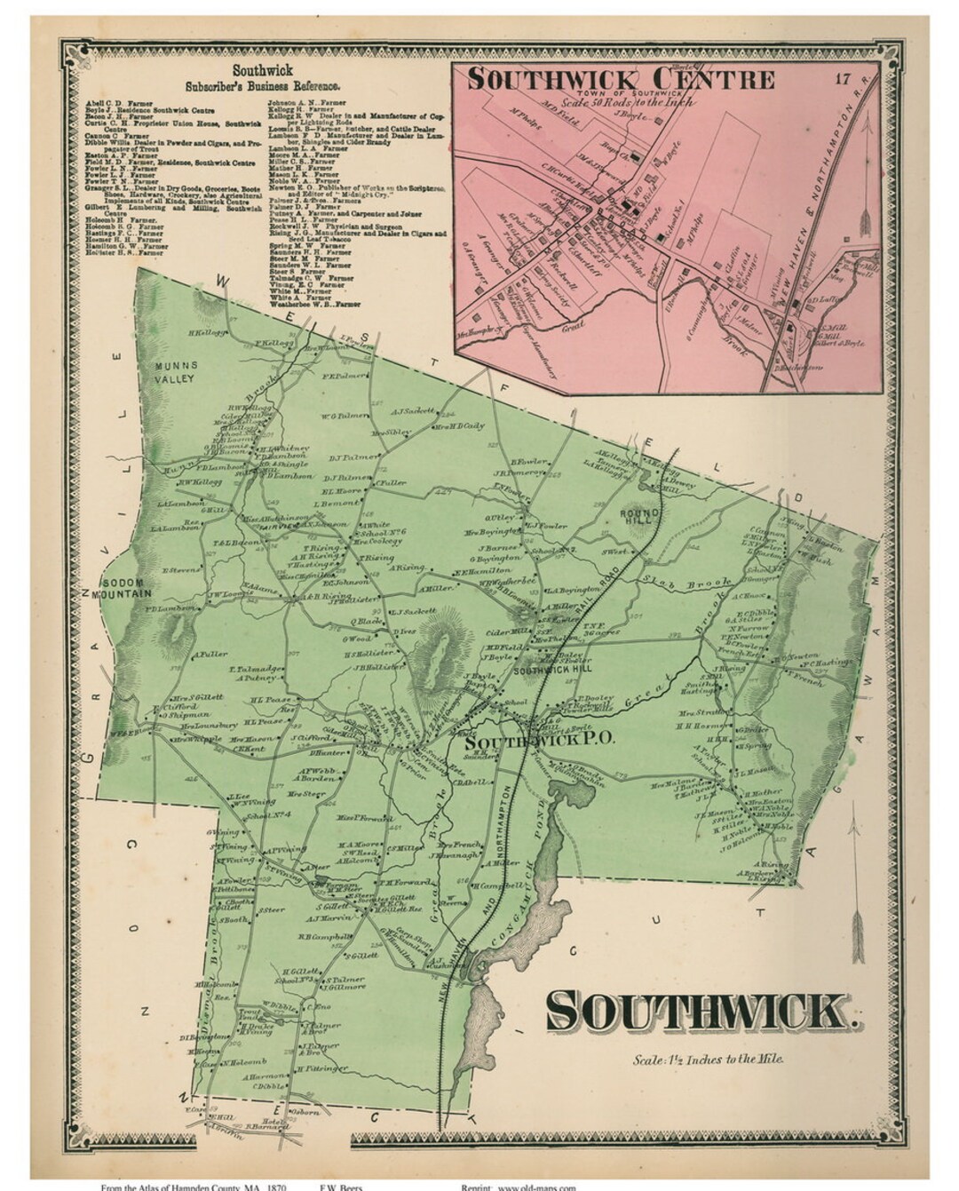 Southwick 1870 Old Town Map Reprint Hampden County, Massachusetts ...