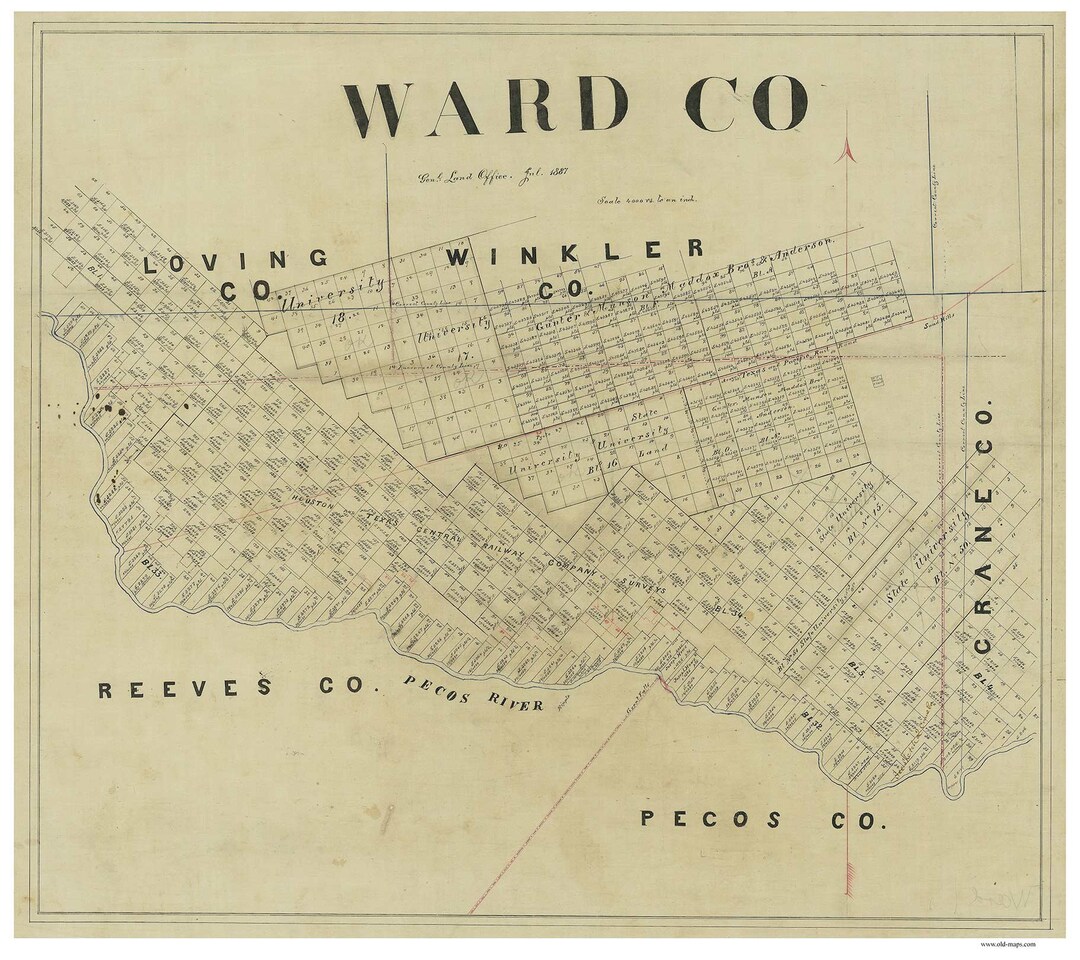 Ward County, Texas - 1887 - Old Wall Map Reprint With Land Owners Names ...
