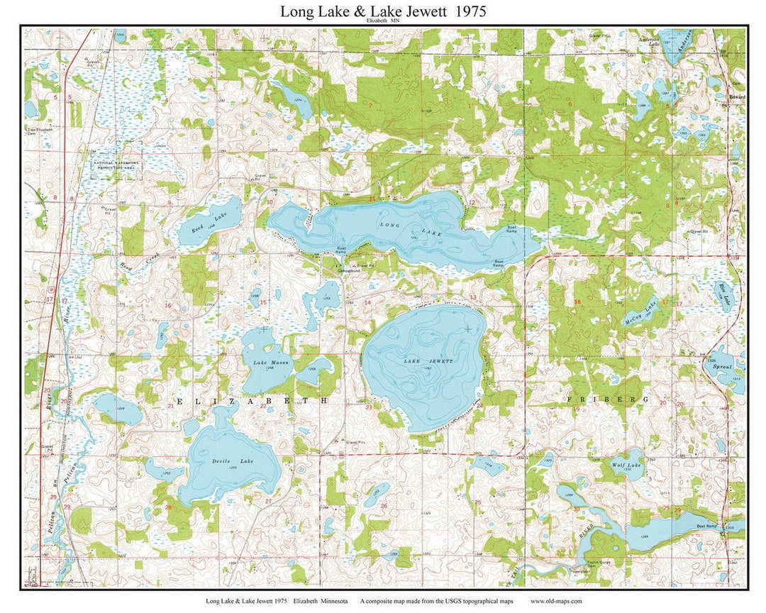 Long Lake - 1975 Map Reprint- Lake Jewett - Devils Lake - Lake Mason ...