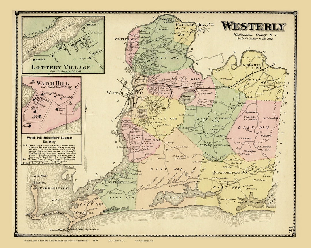 Westerly Rhode Island 1870 Old Town Map Watch Hill Lottery Village ...