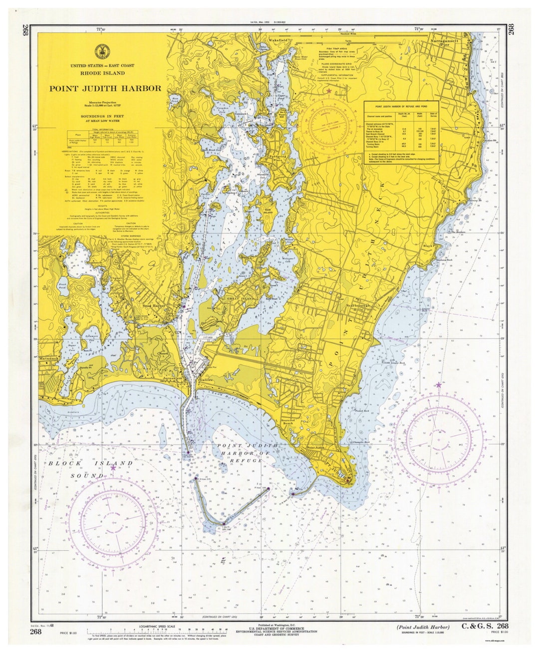 Point Judith Harbor RI - 1968 Nautical Map by the USCGS - Reprint ...